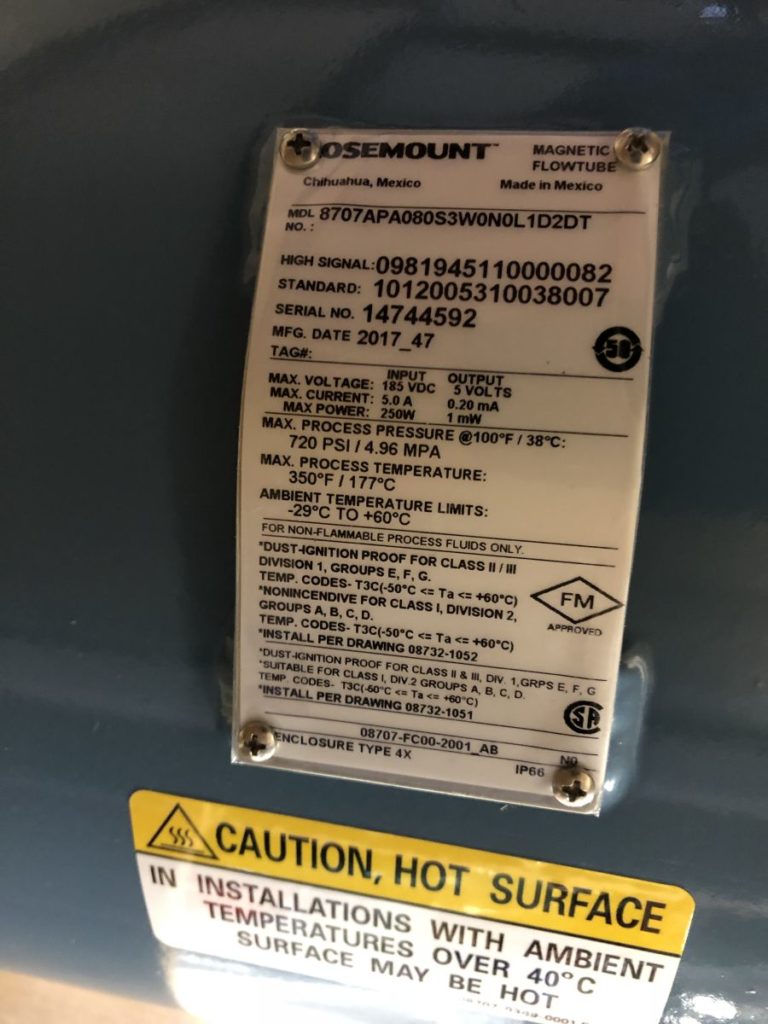 Rosemount 8707APA080S3W0N0L1D2DT 8in. CL300 Magnetic Flowmeter ...